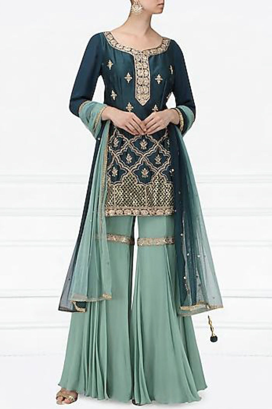 Designer Dark teal and light blue handwork garara set: Perfect Panache