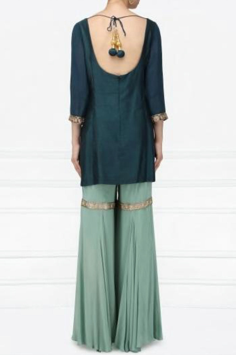 Designer Dark teal and light blue handwork garara set: Perfect Panache