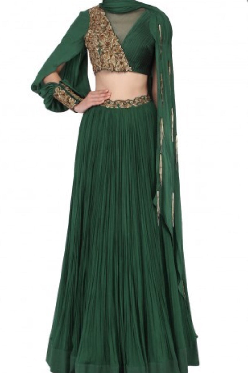 Designer Half and half crop top skirt with draped dupatta: Perfect Panache