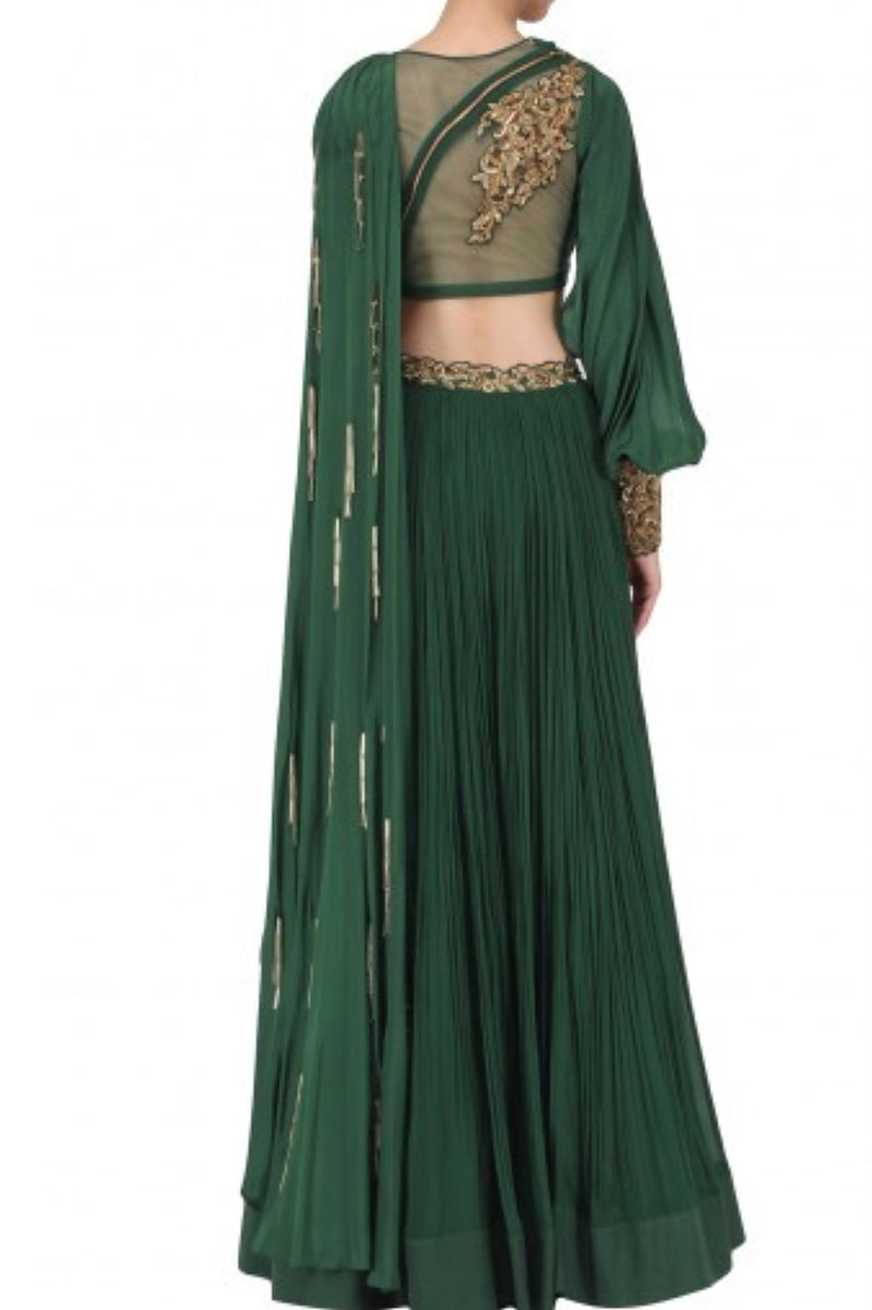 Designer Half and half crop top skirt with draped dupatta: Perfect Panache