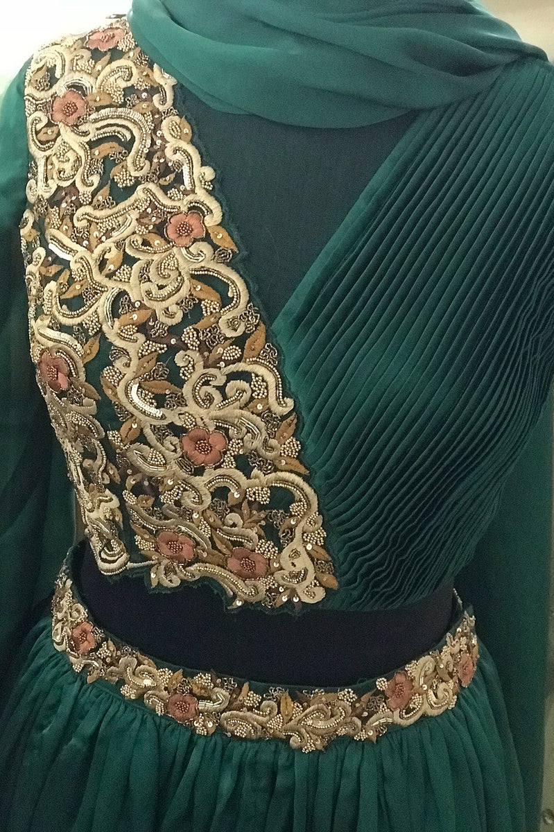 Designer Half and half crop top skirt with draped dupatta: Perfect Panache