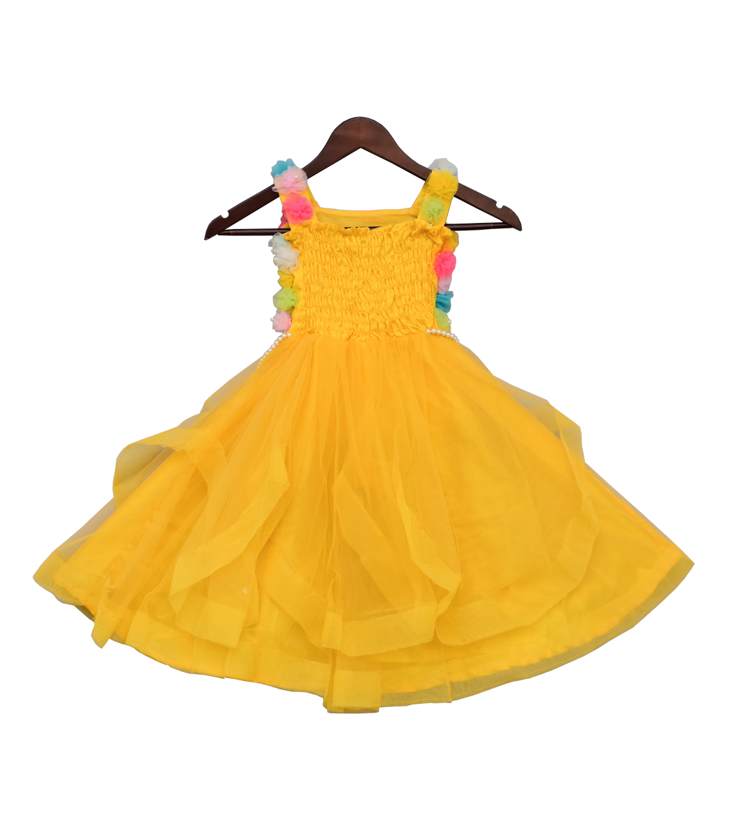 Kids Dress: Girls Yellow Gown With Multi Colours Flowers | Perfect Panache